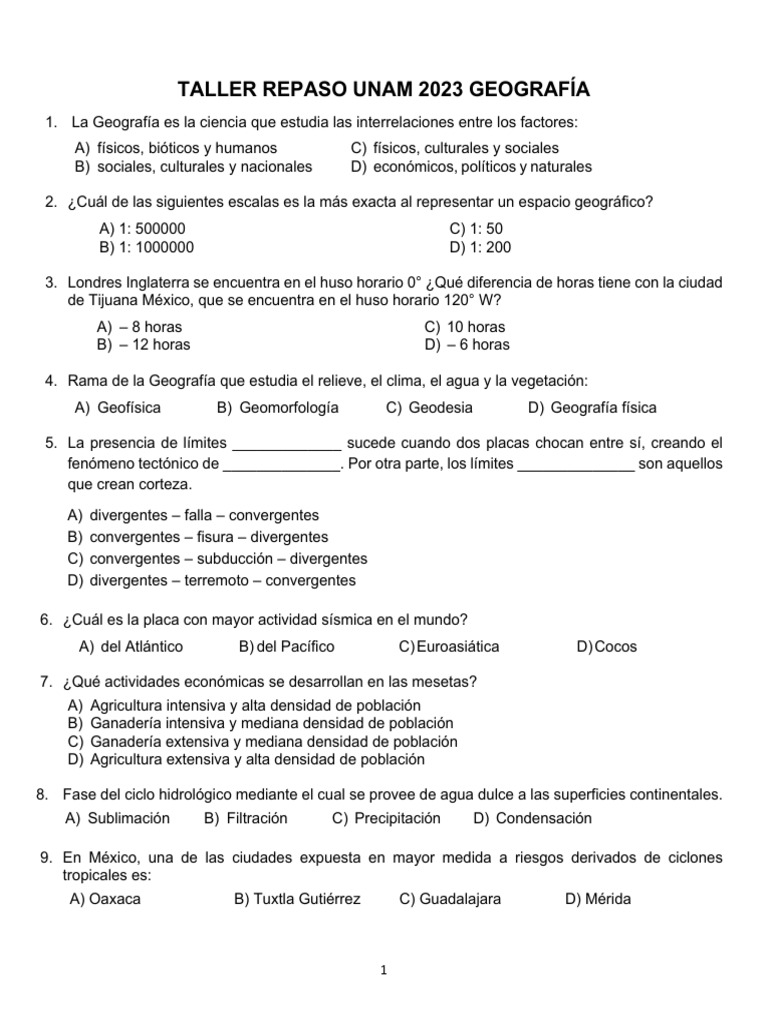 09 Taller de Repaso - Geo - Unam - 2023 | PDF | México | Geografía