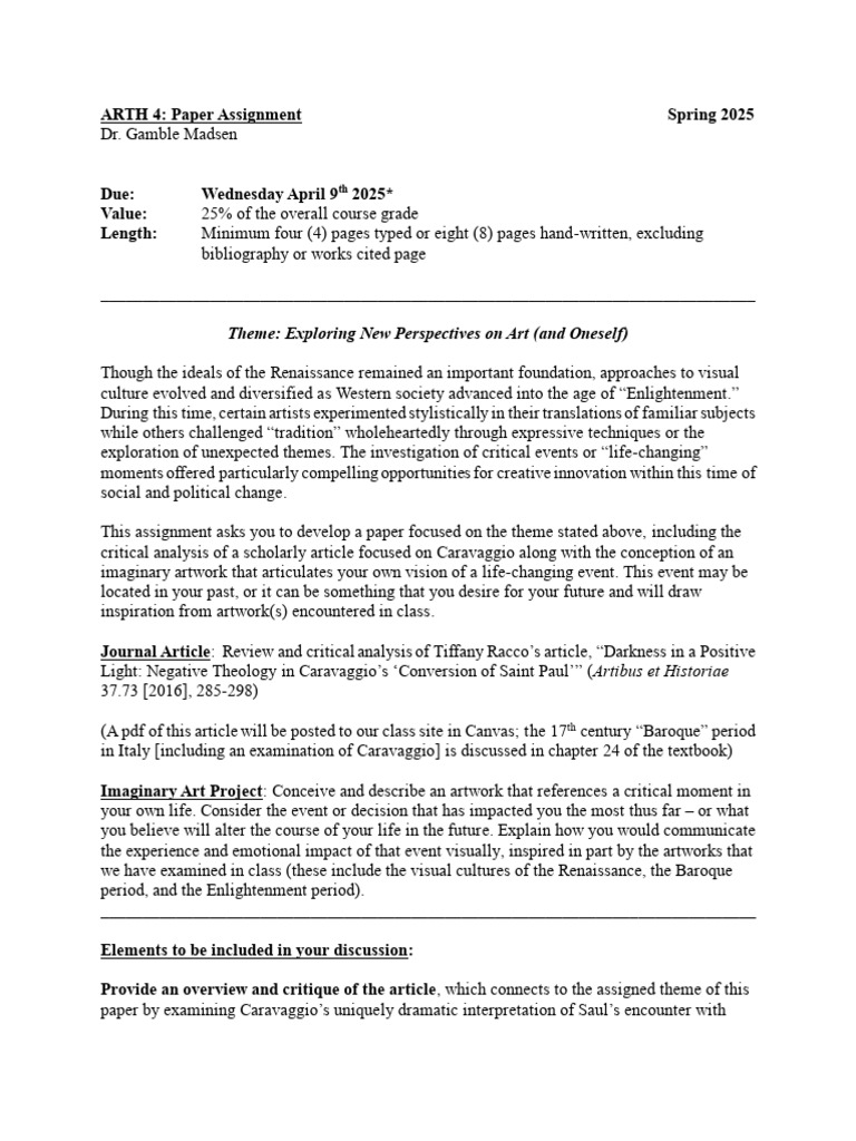 ARTH 4 Paper Assignment Spring 2025 | PDF