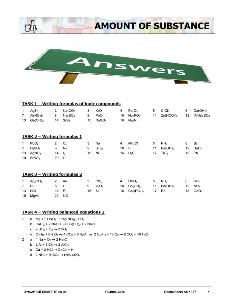 Chemsheets As 1027 Amount of Substance ANS | PDF | Mole (Unit) | Chemistry