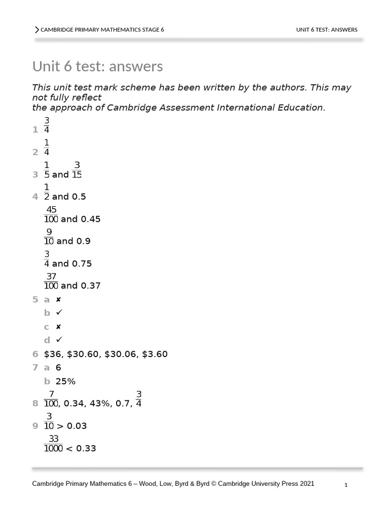 Unit 6 Test Answers: Percentages & Fractions | PDF