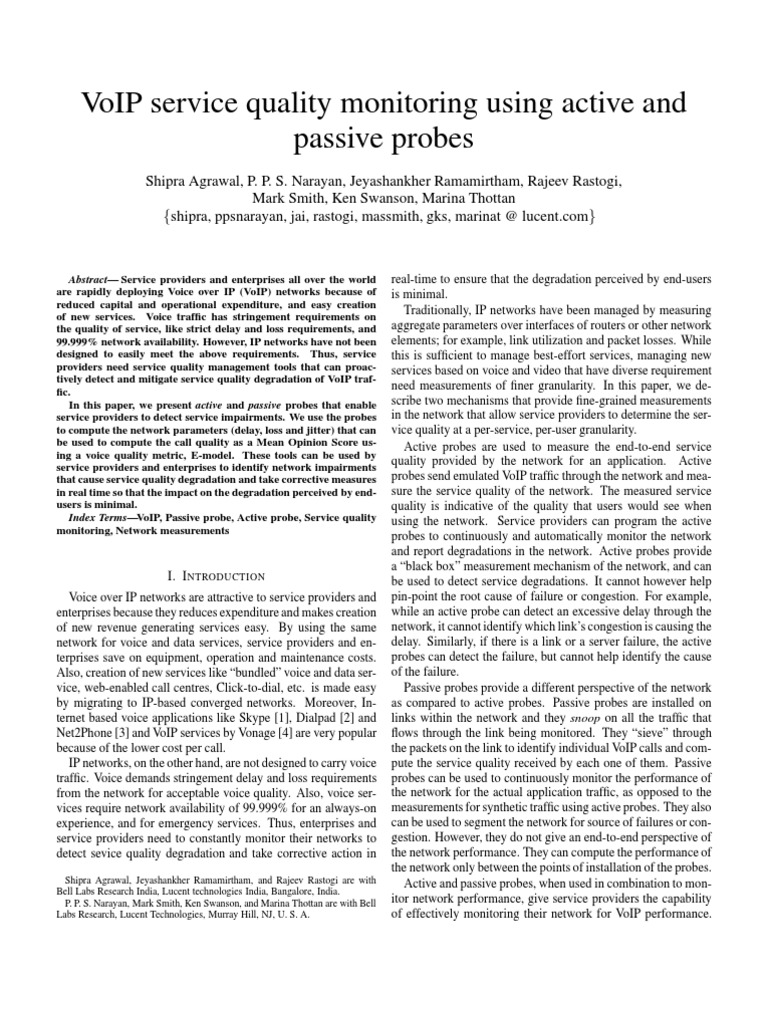Voip Service Quality Monitoring Using Active and Passive Probes | PDF ...