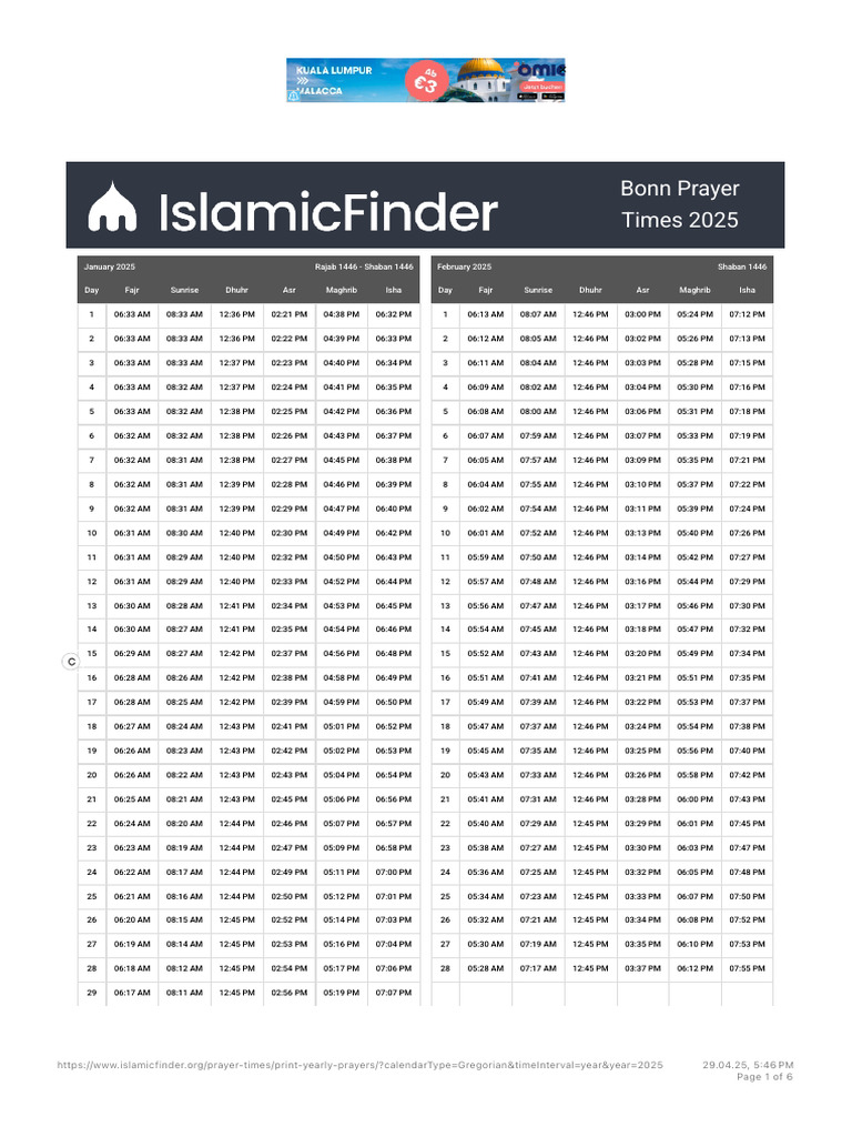 Yearly Prayer Times 2025 - IslamicFinder | PDF | Islamic Jurisprudence | Prayer