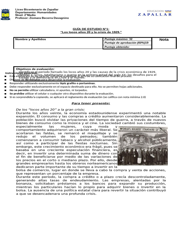 Guia N°1los Locos Años 20 y La Crisis de 1929 | PDF | Inversiones ...