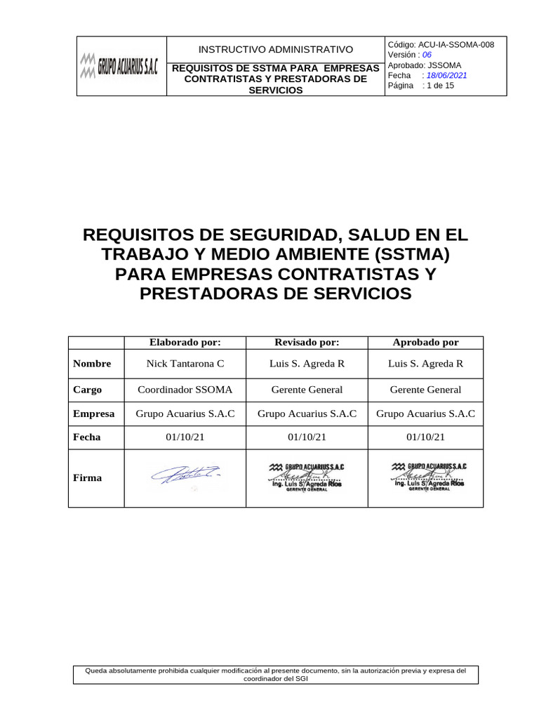 ACU-IA-SSOMA-008 Requisitos de SSTMA para empresas contratistas V6 | PDF | Seguridad y salud ...