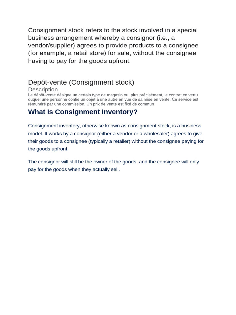 Consignment Stock Refers To The Stock Involved in A Special Business ...