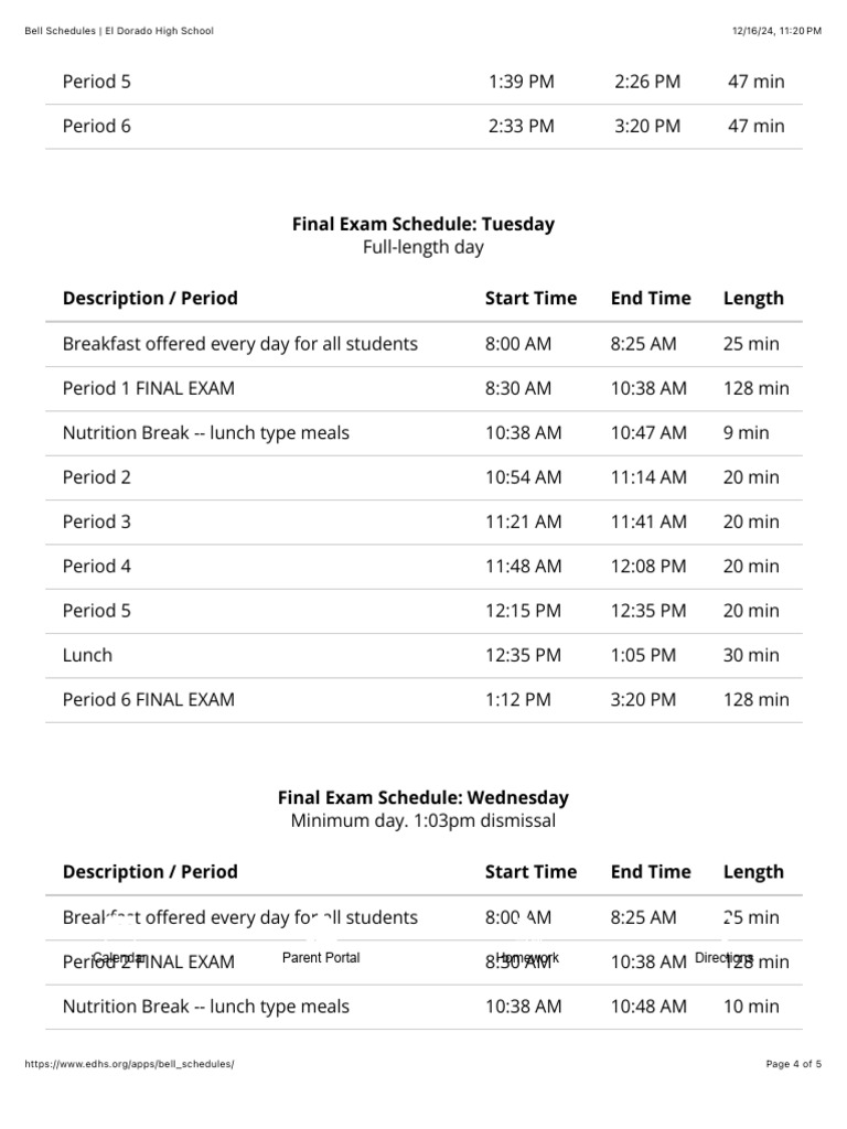 Bell Schedules - El Dorado High School | PDF | Meal | Eating Behaviors Of Humans