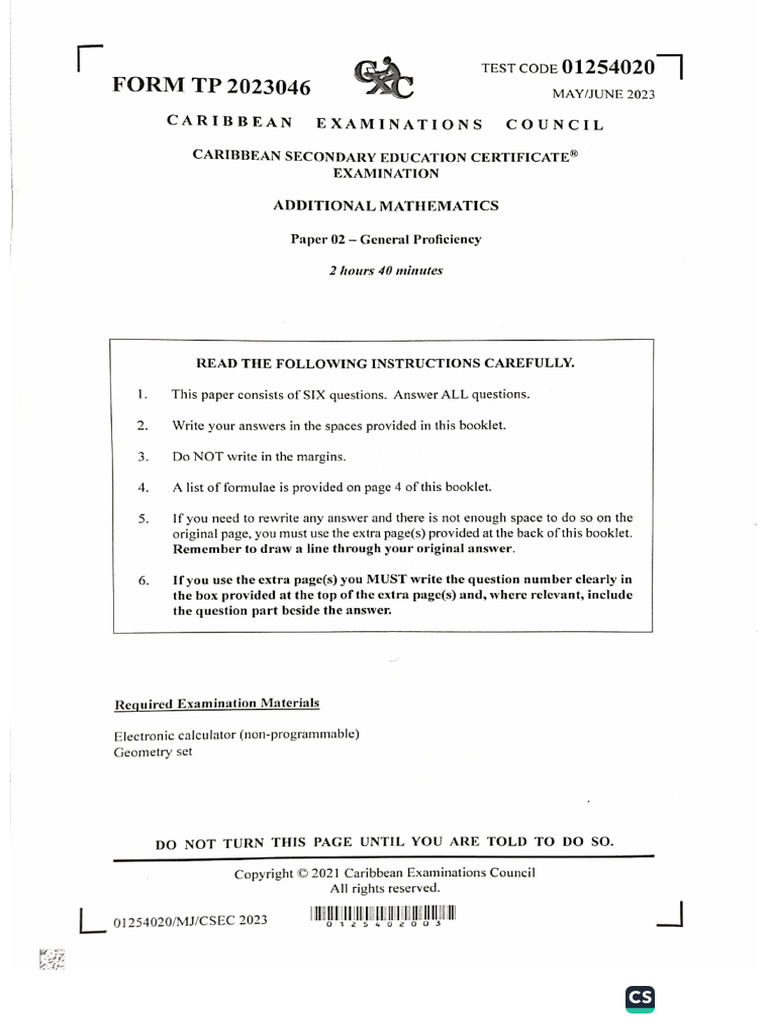 CSEC Additional Mathematics P2 2023 MJ | PDF