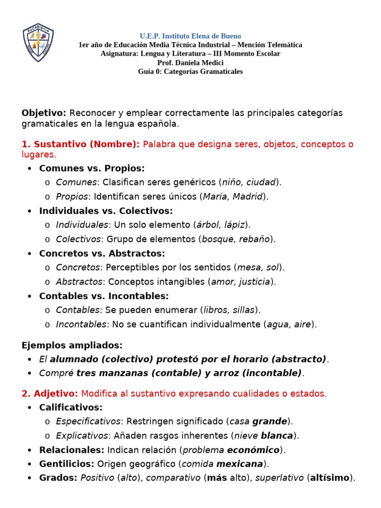 Guía 1 - Categorías Gramaticales | PDF | Verbo | Sustantivo