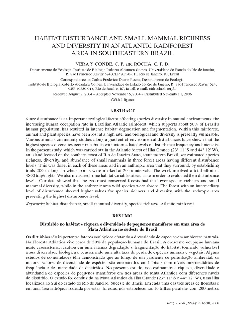 HABITAT DISTURBANCE AND SMALL MAMMAL RICHNESS | PDF | Biodiversity ...