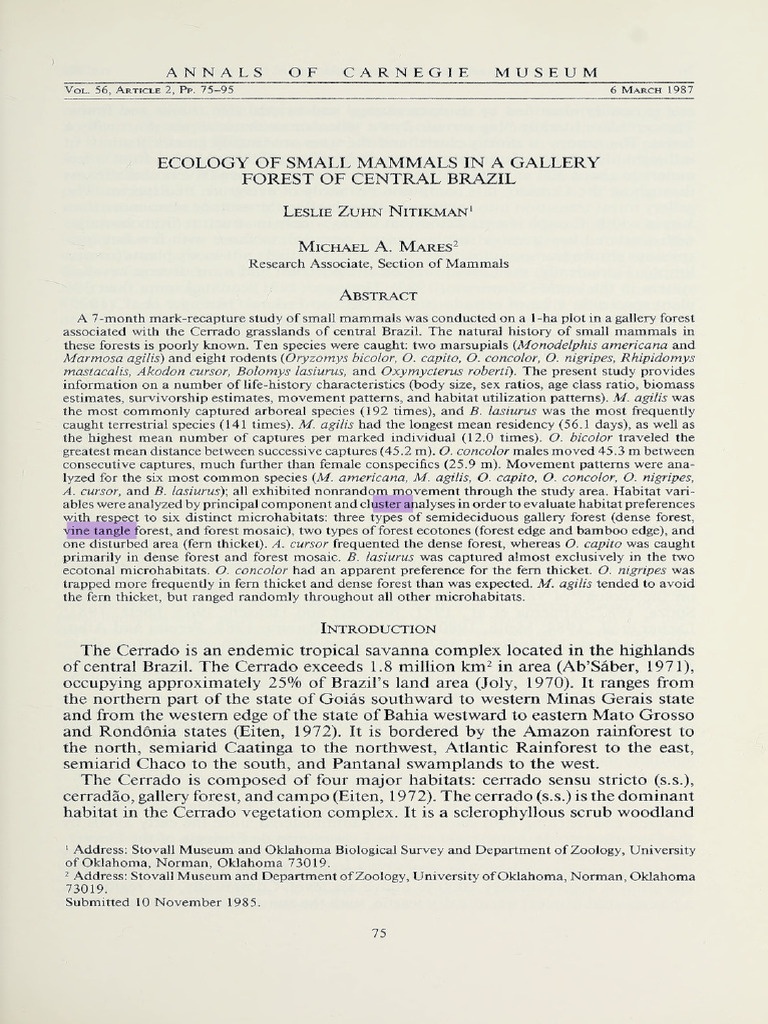 Ecology of Small Mammals in A Gallery Forest of Central Brazil | PDF ...