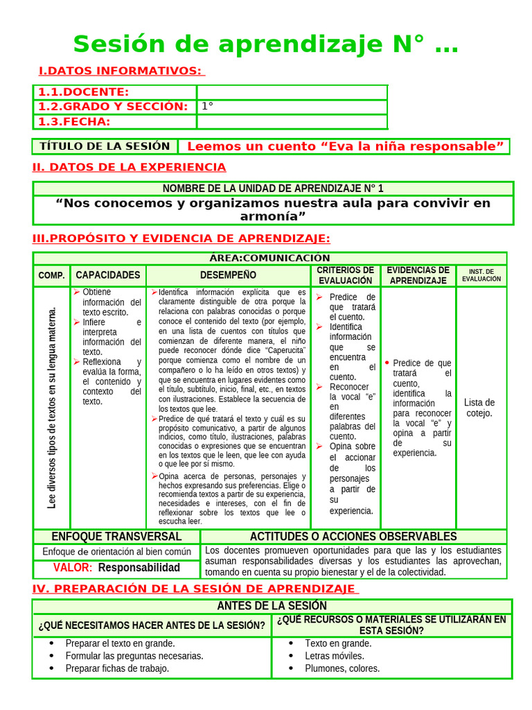 SESIÓN DE APRENDIZAJE LEEMOS UN CUENTO EVA LA NIÑA RESPONSABLE MAESTRA JANET | PDF | Aprendizaje ...