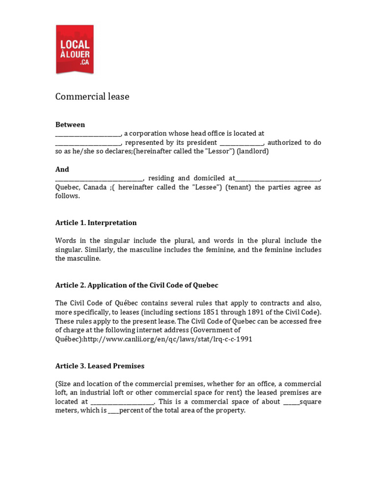Quebec Commercial Lease Agreement Form | PDF | Lease | Civil Law (Legal ...