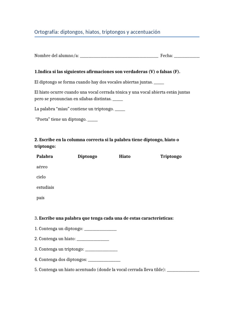 Prueba - Ortografia - Diptongo, Hiato y Triptongo y Accentuación. | PDF ...