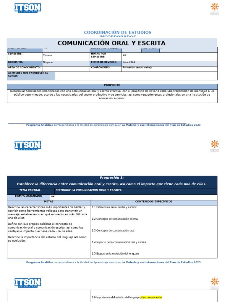 310 - PROGRAMA - ANALÍTICO - Comunicación - Oral - y - Escrita Propuesto | PDF | Plan de ...