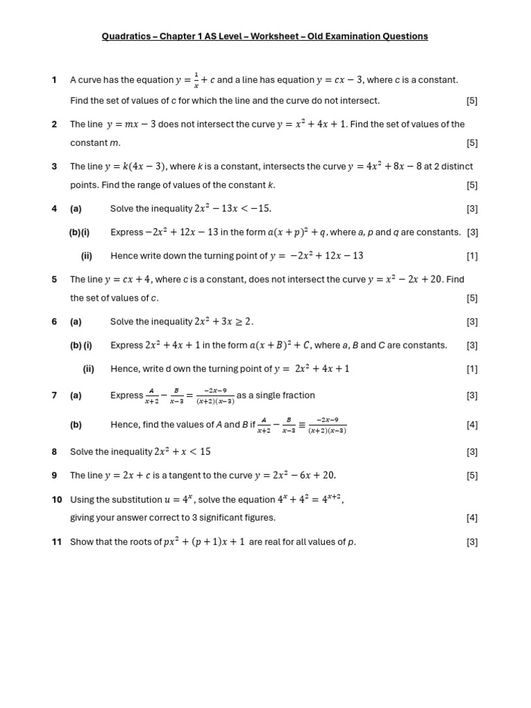 Quadratics - Chapter 1 AS Level - Worksheet - Old Examination Questions ...