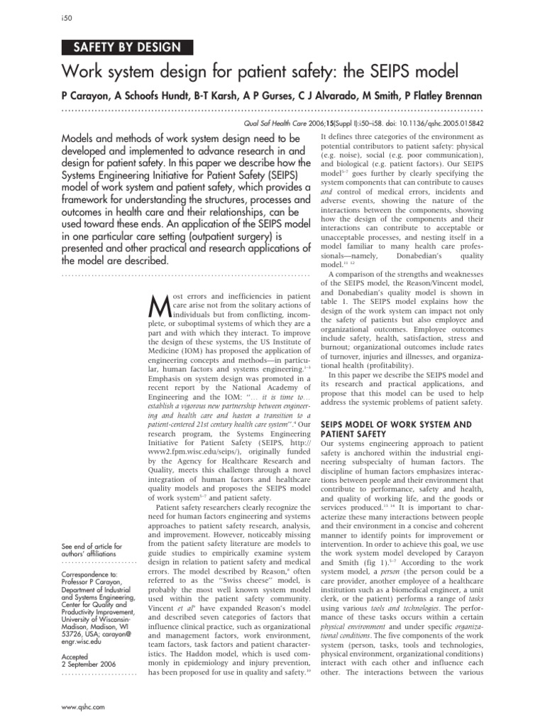 Work System Design For Patient Safety - The SEIPS Model | PDF | Patient ...