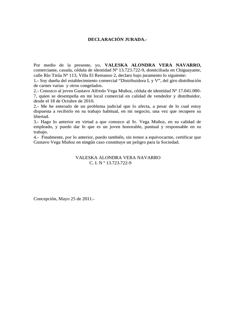 Decl. Jurada Gustavo Vega | PDF