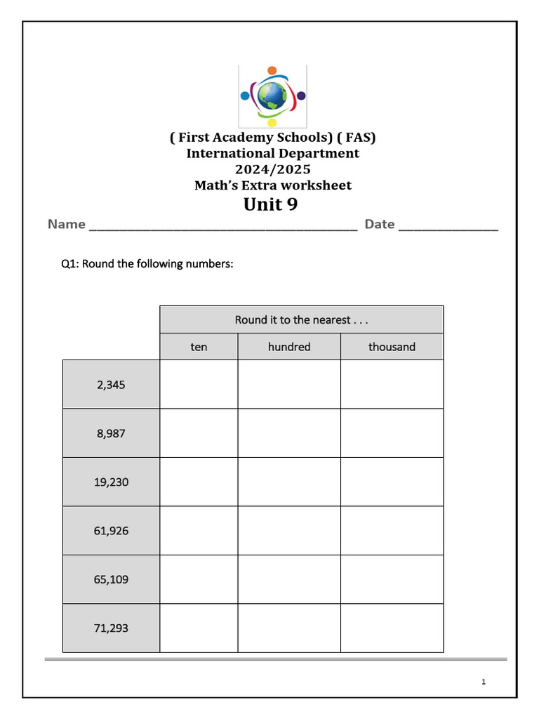 Math Extra Worksheet for Unit 9 | PDF