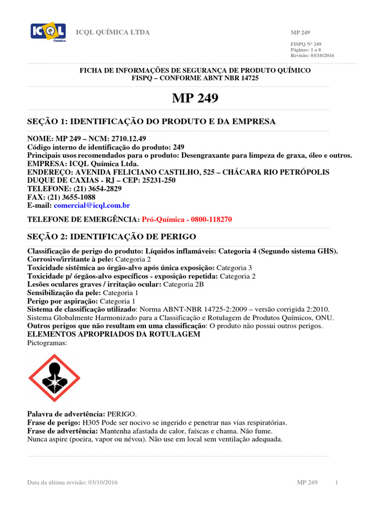 Ficha de Segurança do Produto Químico MP 249 | PDF | Solubilidade | Química