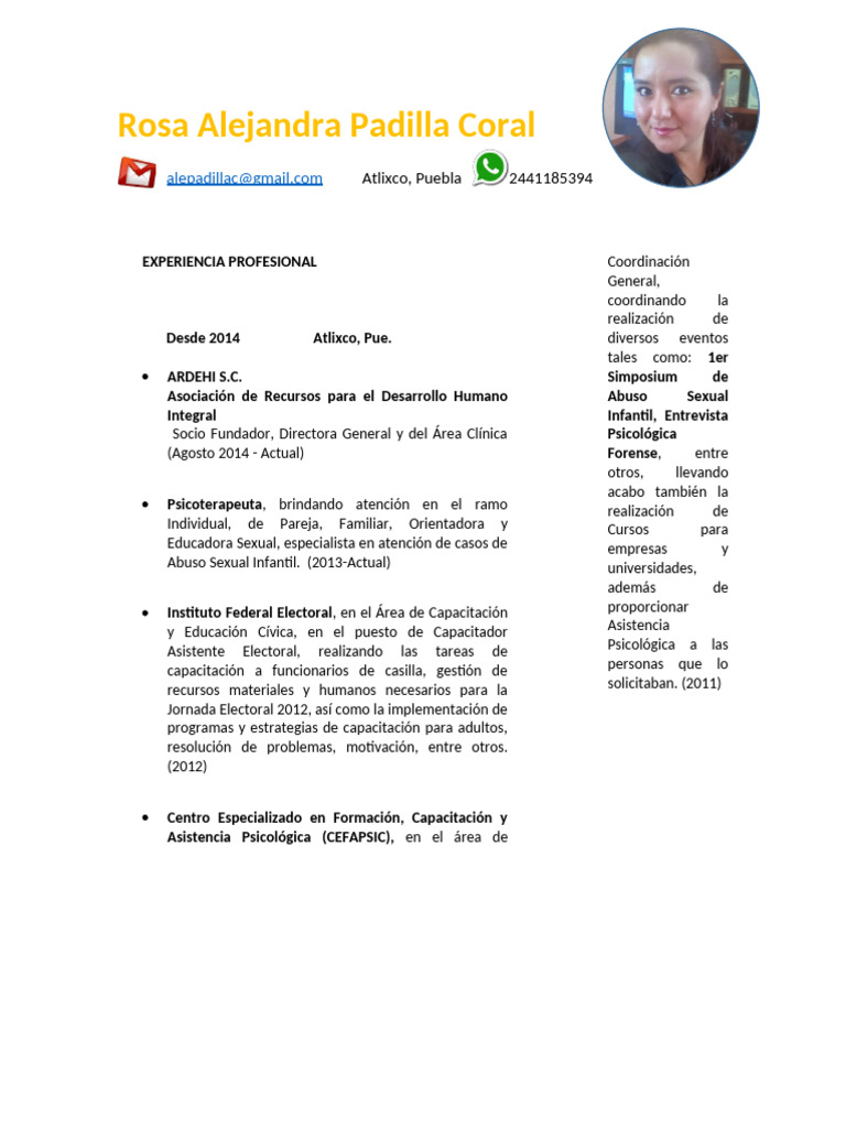 Rosa Alejandra Padilla Coral CV, PRACTICA | PDF | Sicología