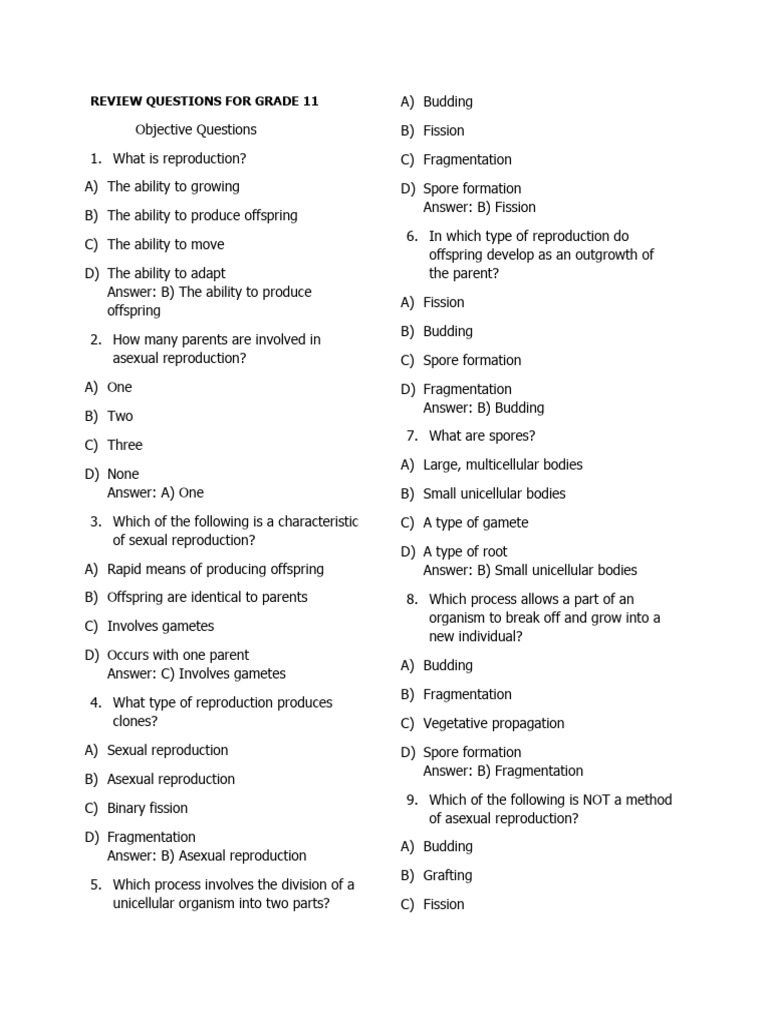 Grade 11 Reproduction Review Questions | PDF | Sexual Reproduction ...