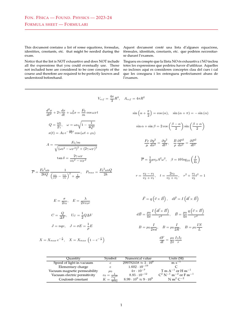 UPF FF FormulaSheet | PDF | Physical Phenomena | Physical Quantities