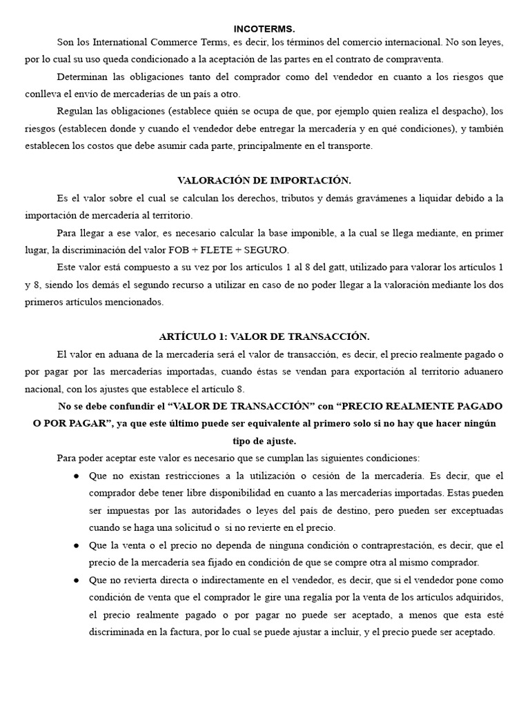 Resumen Valoración Aduanera-2023 | PDF | aduana | Negocios Internacionales
