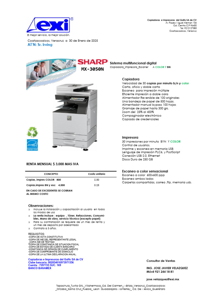 Propuesta Sharp MX-3050N Renta | PDF | Impresora (Computación ...