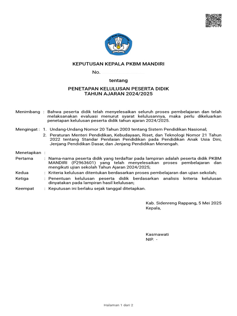 Contoh SK Penetapan Kelulusan | PDF