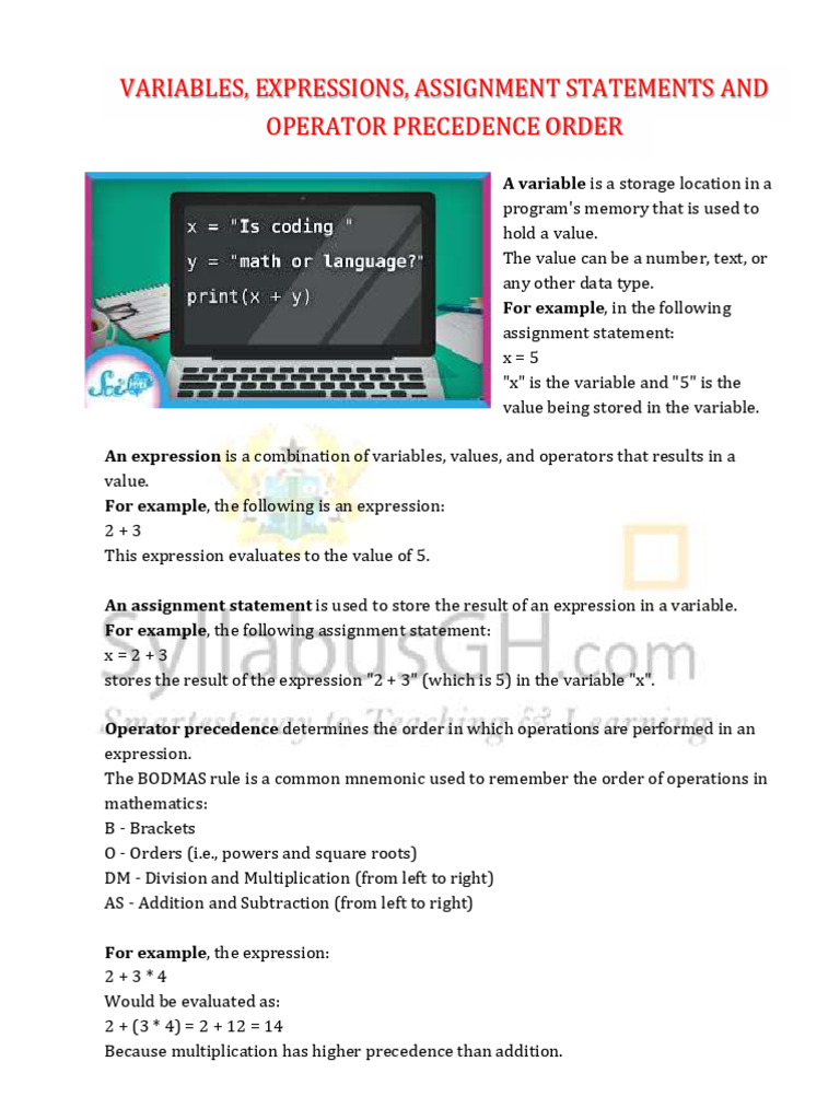 2.2.7 Variables, Expressions, Assignment Statements and Operator Precedence Order | PDF ...