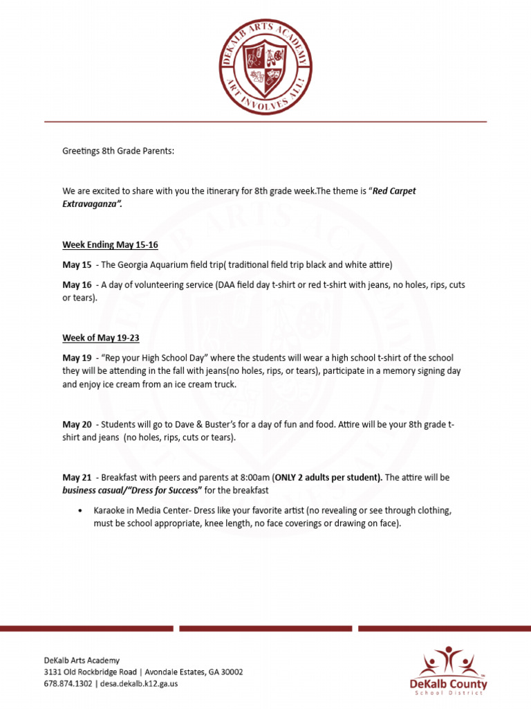 8th Grade Parent Letter | PDF