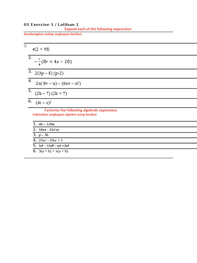 Algebra Expansion and Factorization Exercises | PDF
