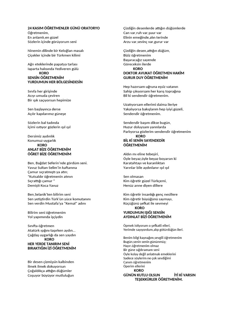 24 Kasim Öğretmenler Günü Oratoryo | PDF