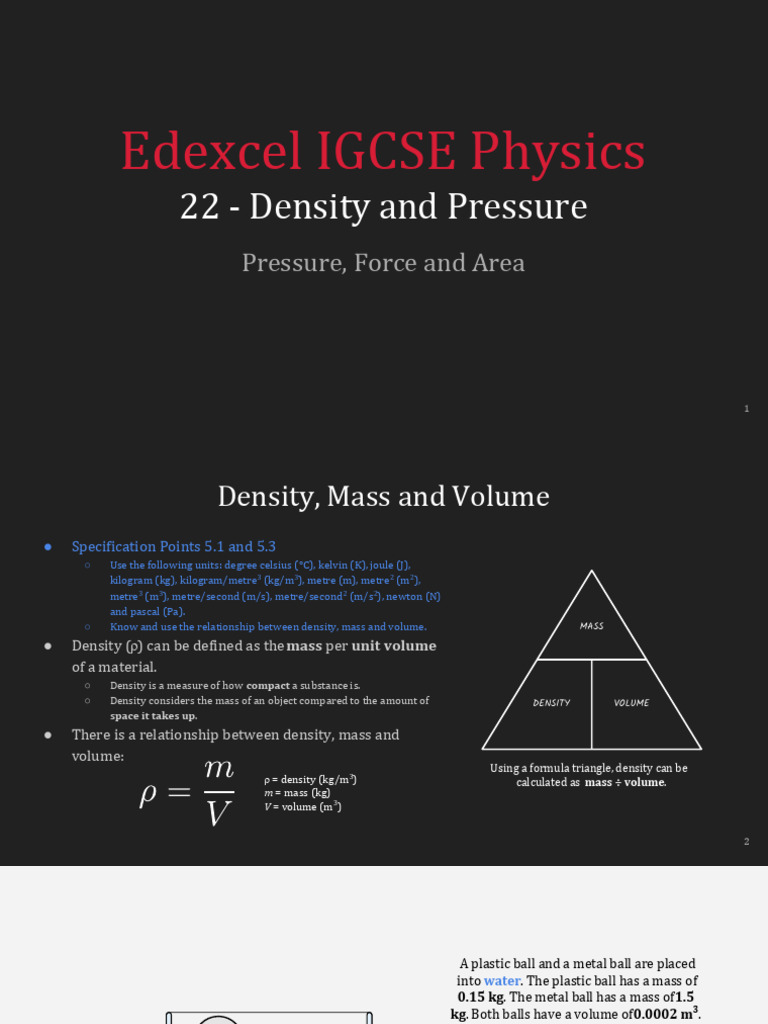 IGCSE Physics Lecture 22 Density and Pressure | PDF | Pressure | Density