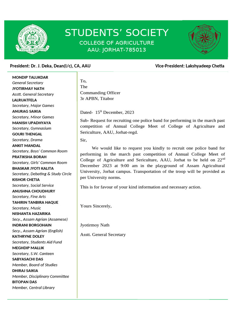 Police Band Request for College Meet | PDF
