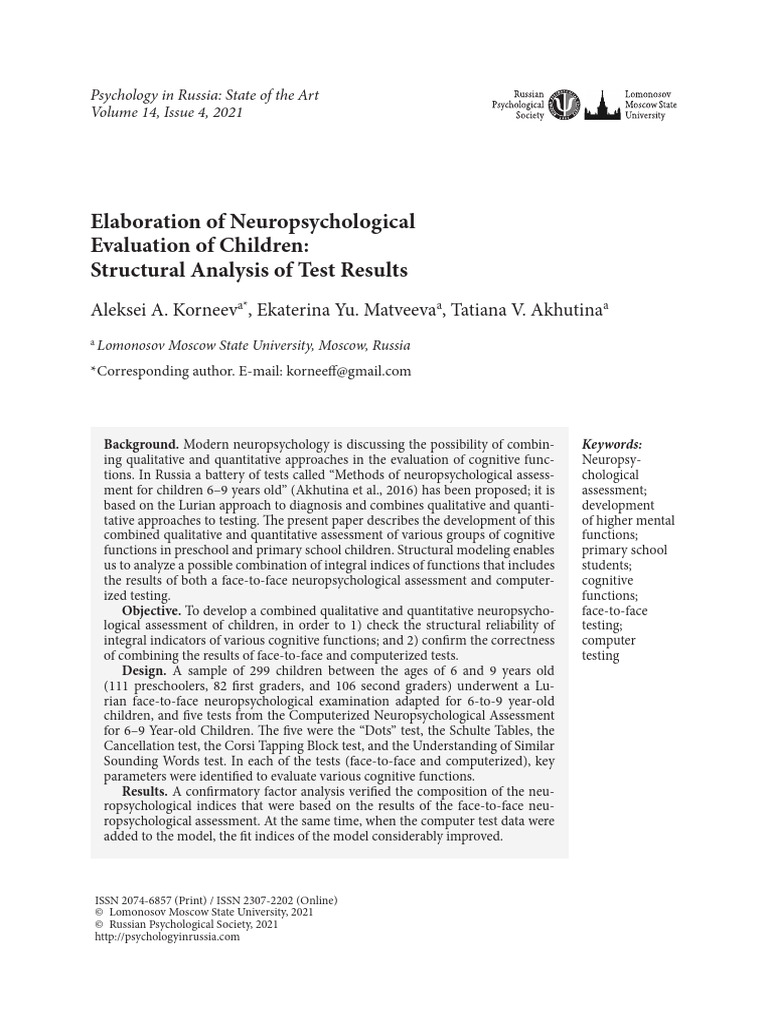 Elaboration of Neuropsychological Evaluation of Children Structural ...