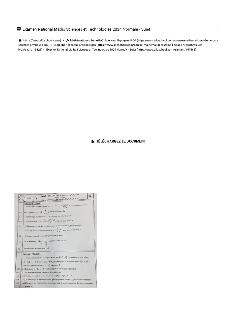 Examen National Maths Sciences Et Technologies 2024 Normale - Sujet ...