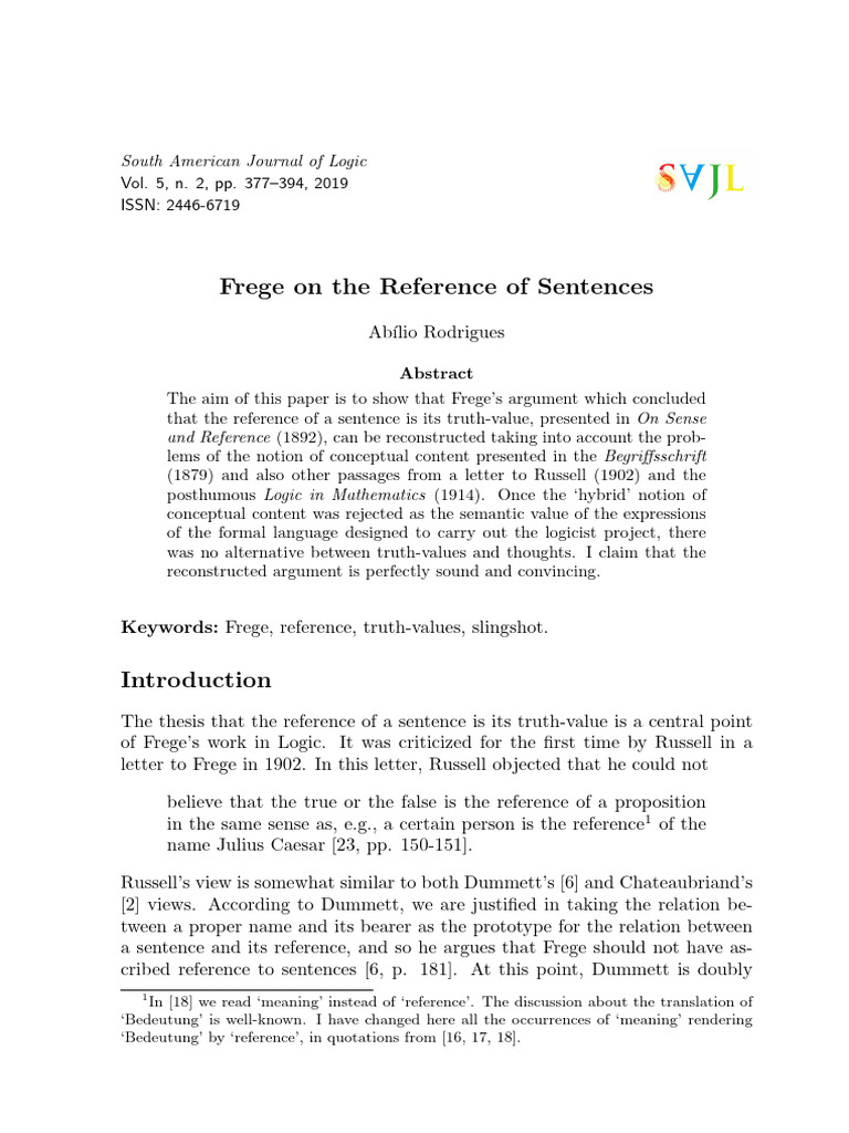 2019.Frege on the Reference of Sentences | PDF | Semantics | Gottlob Frege
