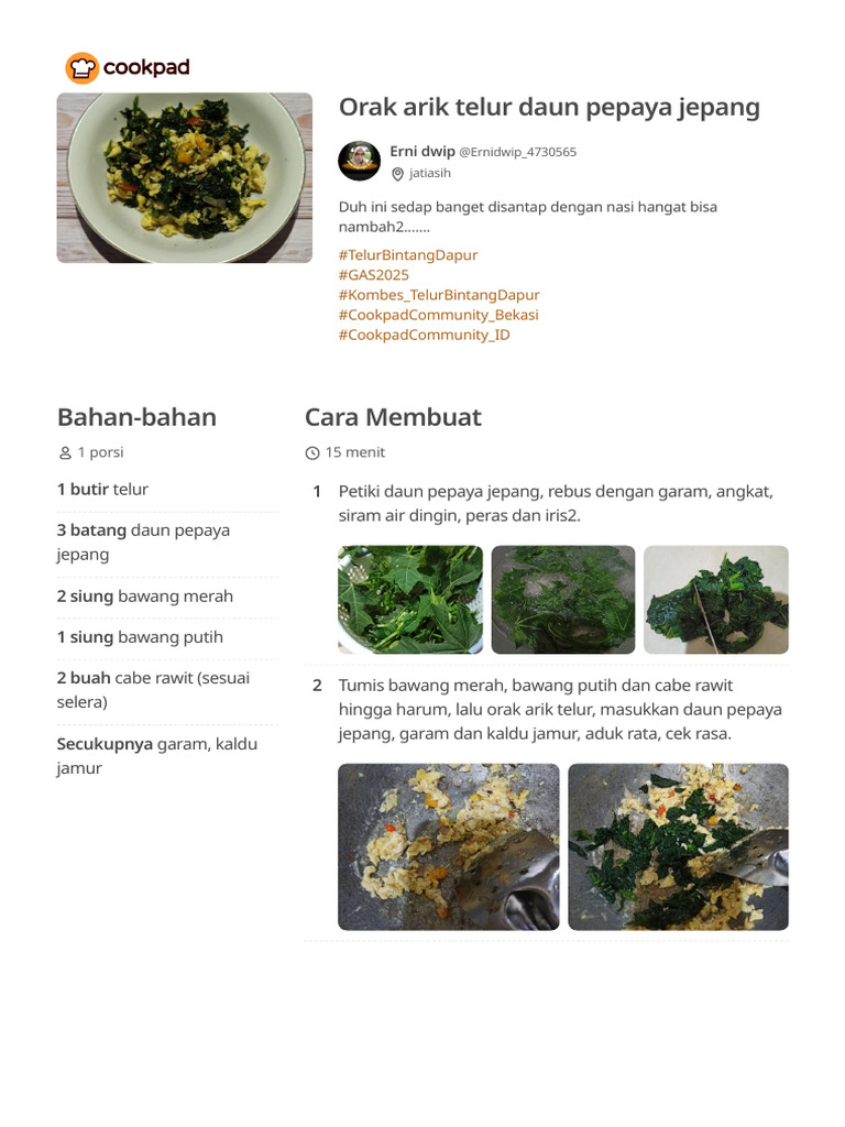 Resep Orak Arik Telur Daun Pepaya Jepang Oleh Erni Dwip - Cookpad | PDF