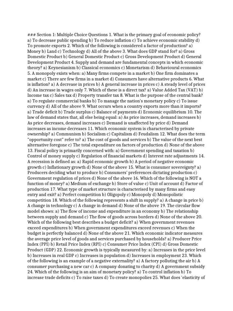 Economic Policy and Concepts Quiz | PDF | Economics | Inflation