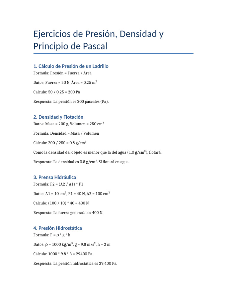Ejercicios Presion Densidad Pascal | PDF | Presión | Pascal (Unidad)