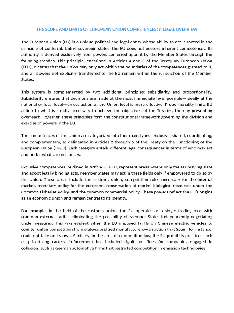 The Scope and Limits of European Union Competences | PDF | European ...