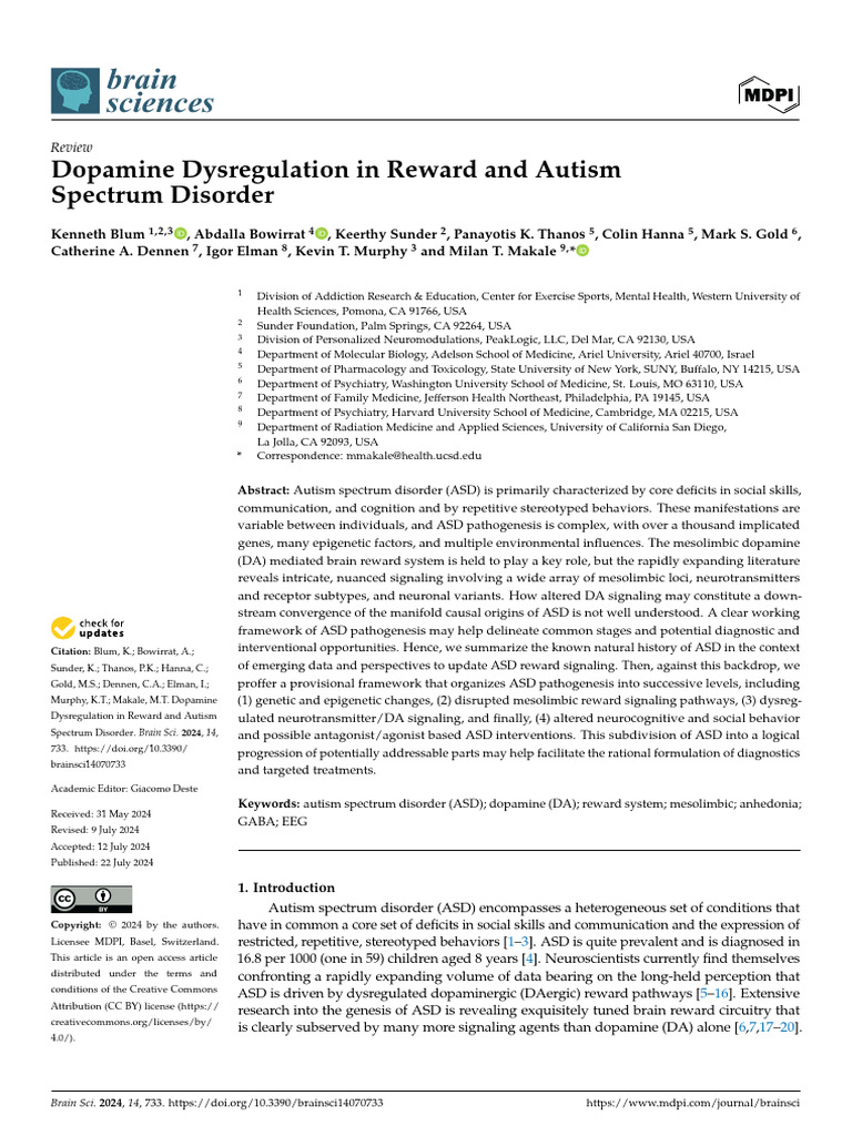 Dopamine Dysregulation in Reward and Autism Spectrum Disorder | PDF ...
