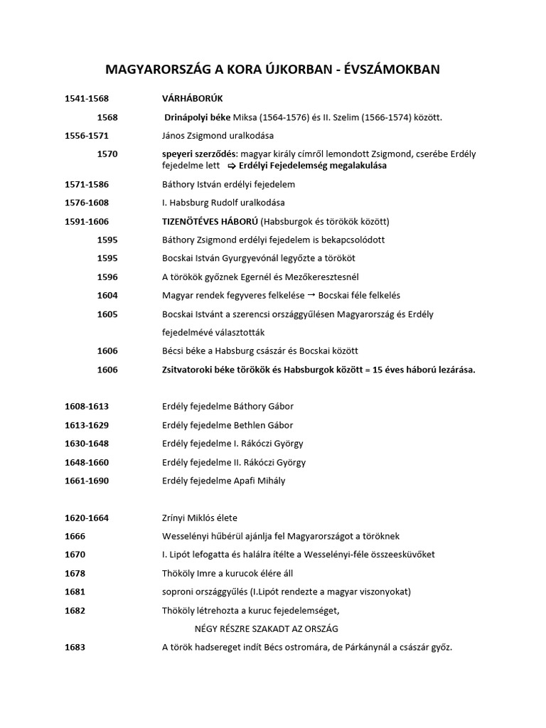 Történelem - A Kora Újkor - Magyarország - Évszámok 1586-Ig | PDF