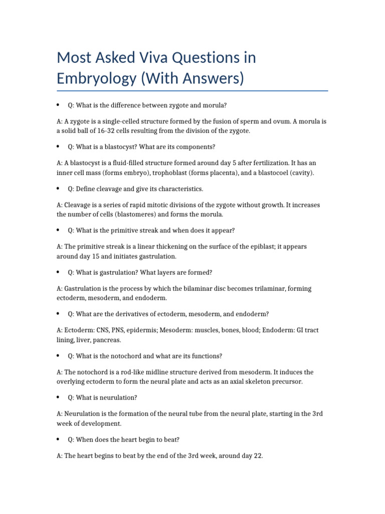 Essential Viva Questions in Embryology | PDF | Anatomy | Developmental ...