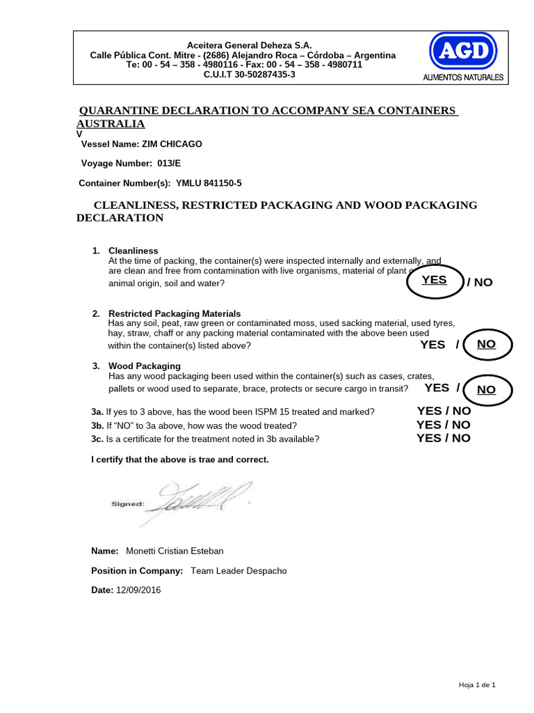 Quarantine Declaration for Sea Containers | PDF