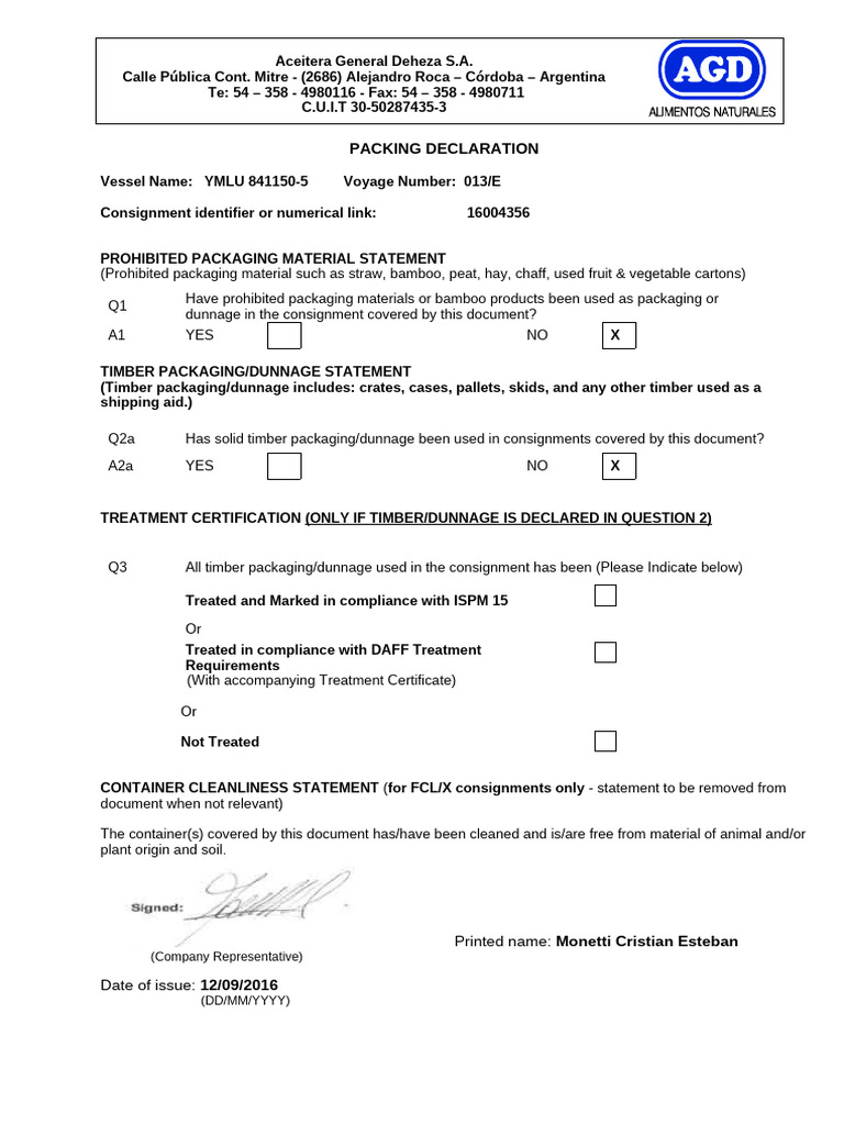 Packing-Declaration Word1 | PDF