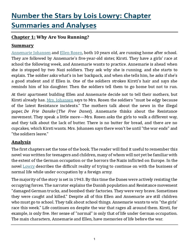 Chapter Summaries for "Number the Stars" | PDF