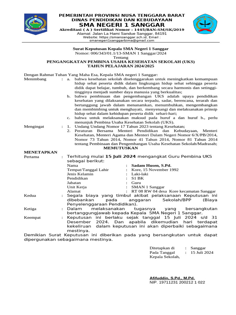 SK Pembina UKS Tahun Pelajaran 2024-2025 | PDF