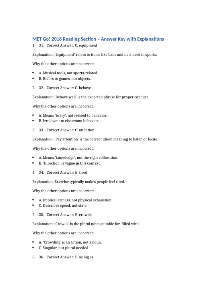 METGo Reading Answers Explained | PDF